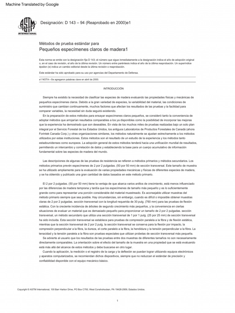 Pequeños Especímenes Claros de Madera1: Designación: D 143 - 94 ...