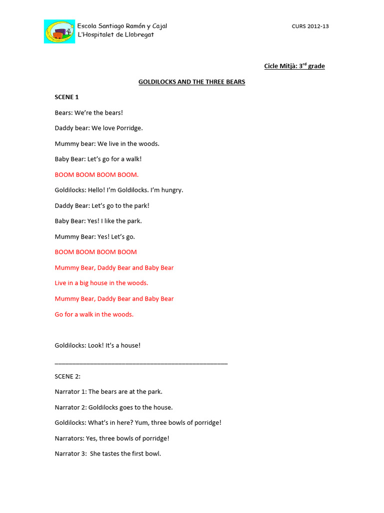 Goldilocks and The 3 Bears Script | PDF | Goldilocks And The Three ...
