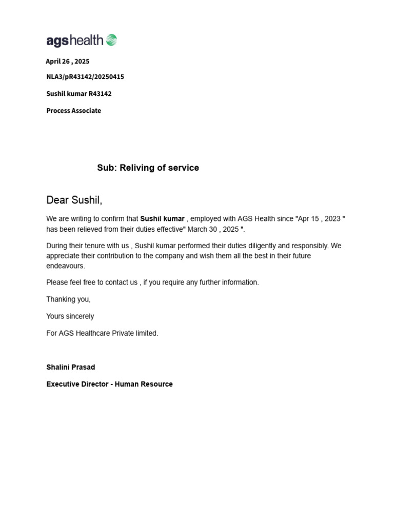 AGS Health Relieving Letter for Sushil | PDF