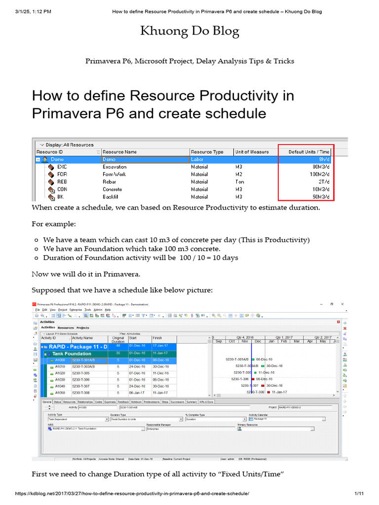 How To Define Resource Productivity in Primavera P6 and Create Schedule - Khuong Do Blog | PDF