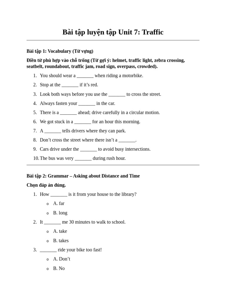 Unit 7 Traffic Exercises and Answers | PDF | Traffic | Transport Safety