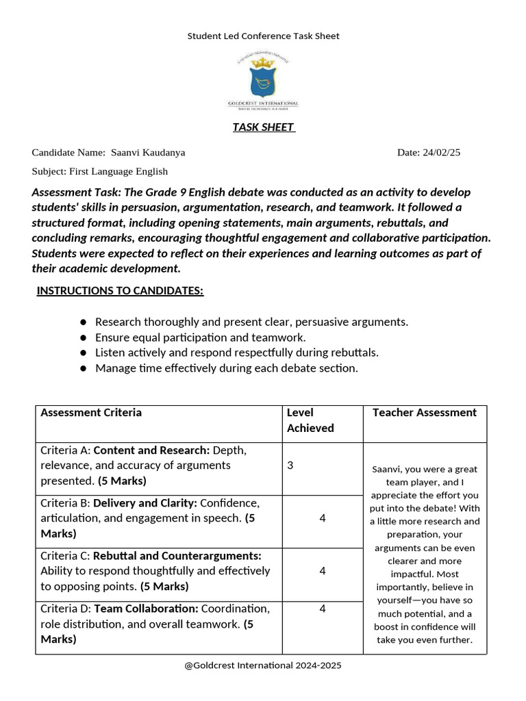 Grade 9 English Debate Task Sheet | PDF | Learning | Human Communication