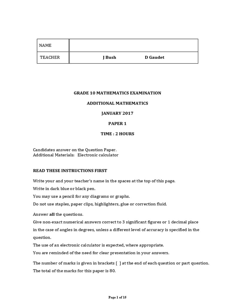 Grade 10 Additional Mathematics Exam | PDF | Equations | Mathematics