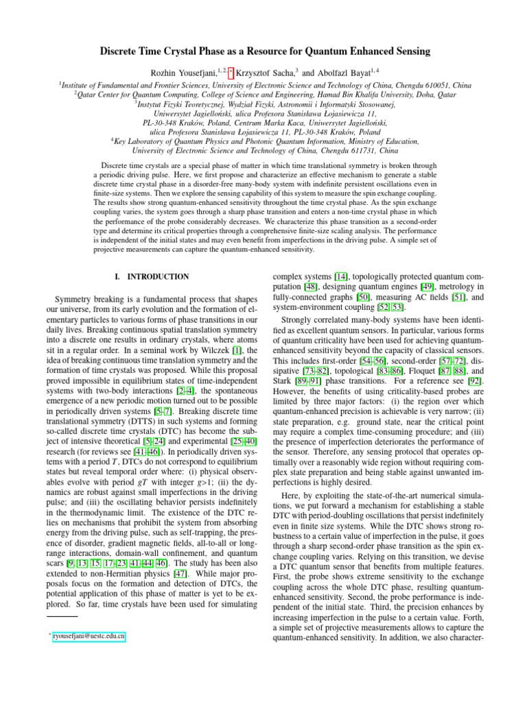 Discrete Time Crystal Phase As A Resource For Quantum Enhanced Sensing ...