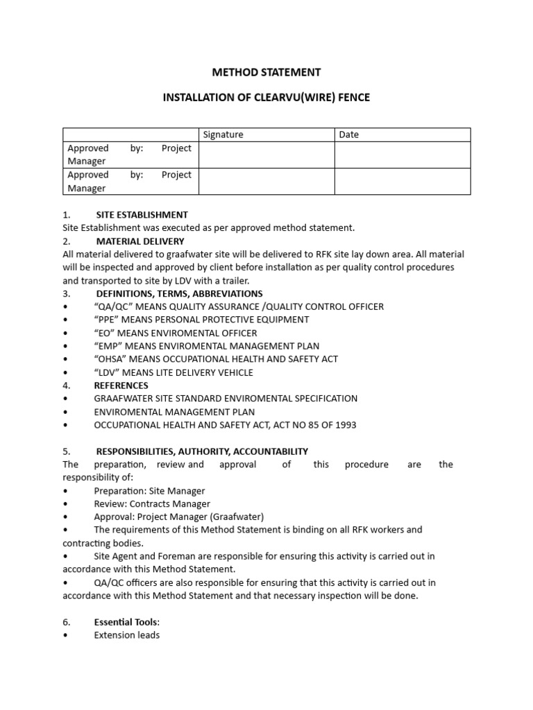 Graafwater Fencing Method Statement | PDF | Personal Protective ...