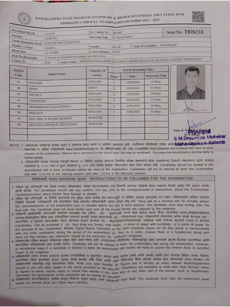 Shivam Borade 12th Hall Ticket | PDF