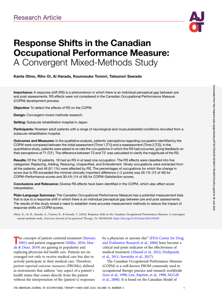 Response Shifts in the Canadian Occupational Performance Measure A Convergent Mixed-Methods ...