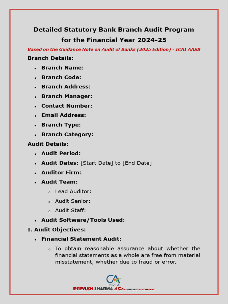 Audit Program Statutory Bank Branch Audit Program 2024 25 | PDF | Audit ...