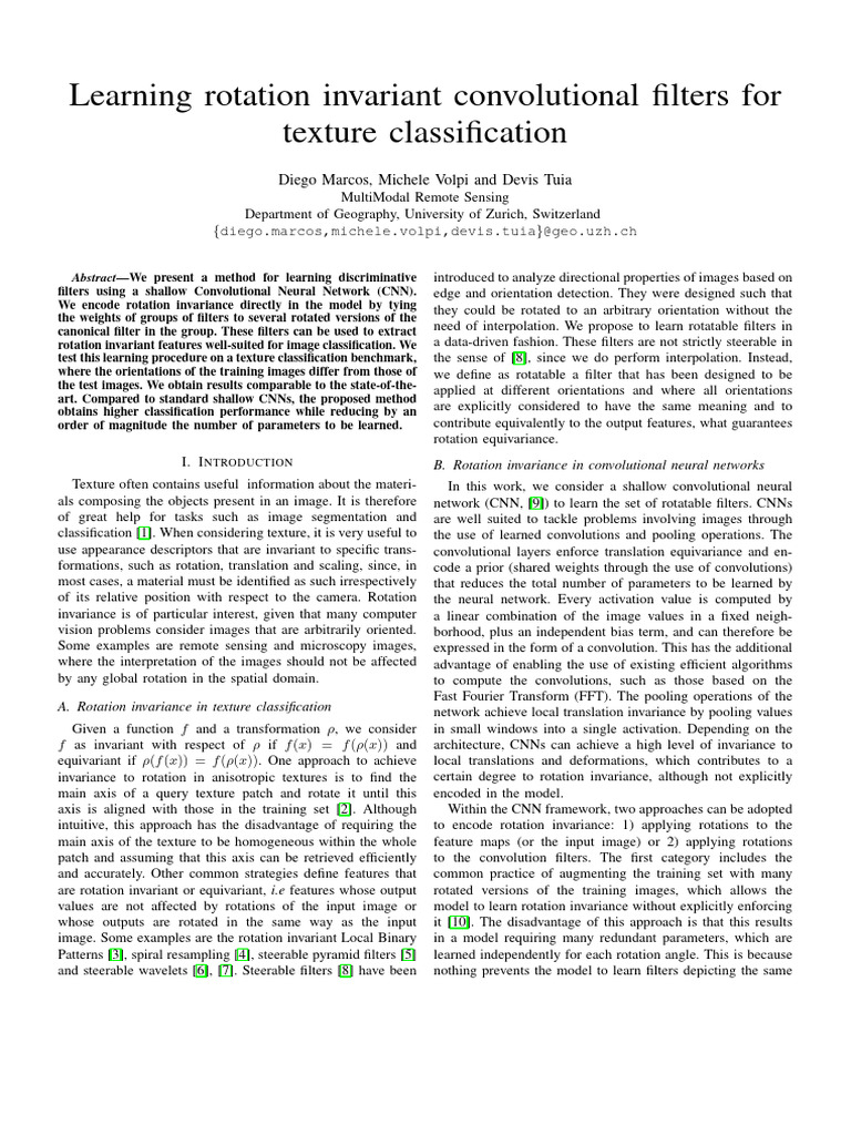 Rotation Invariant CNN Filters for Textures | PDF | Computational ...