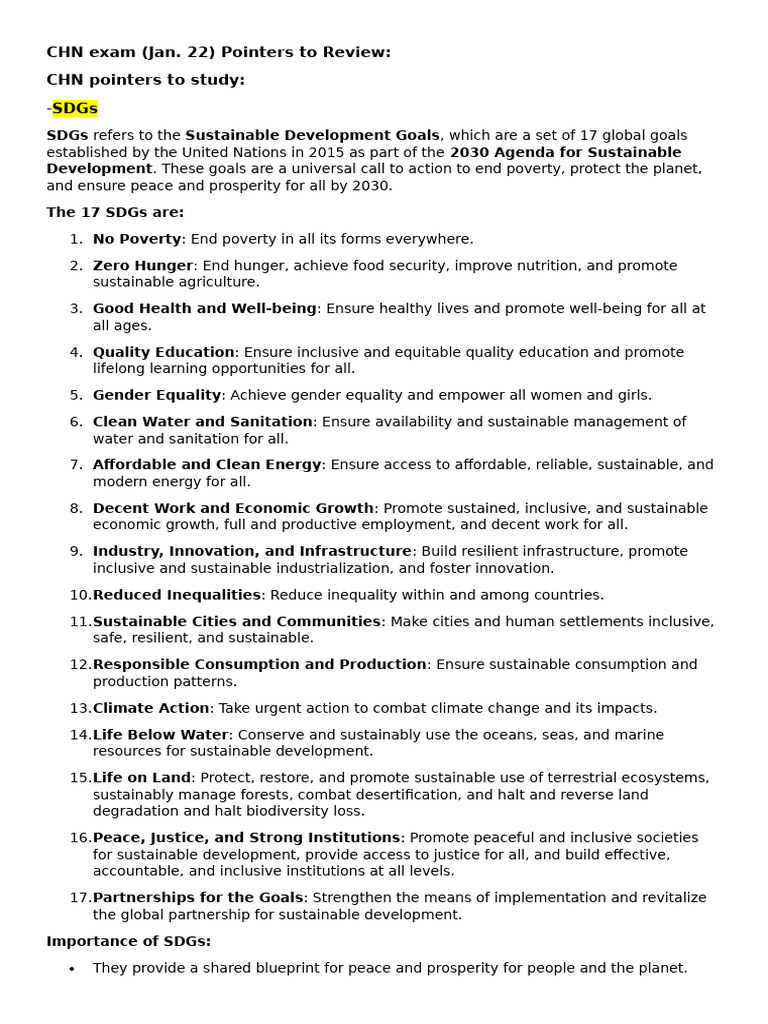 CHN Exam Review: SDGs and Health Concepts | PDF | Rabies | Public Health