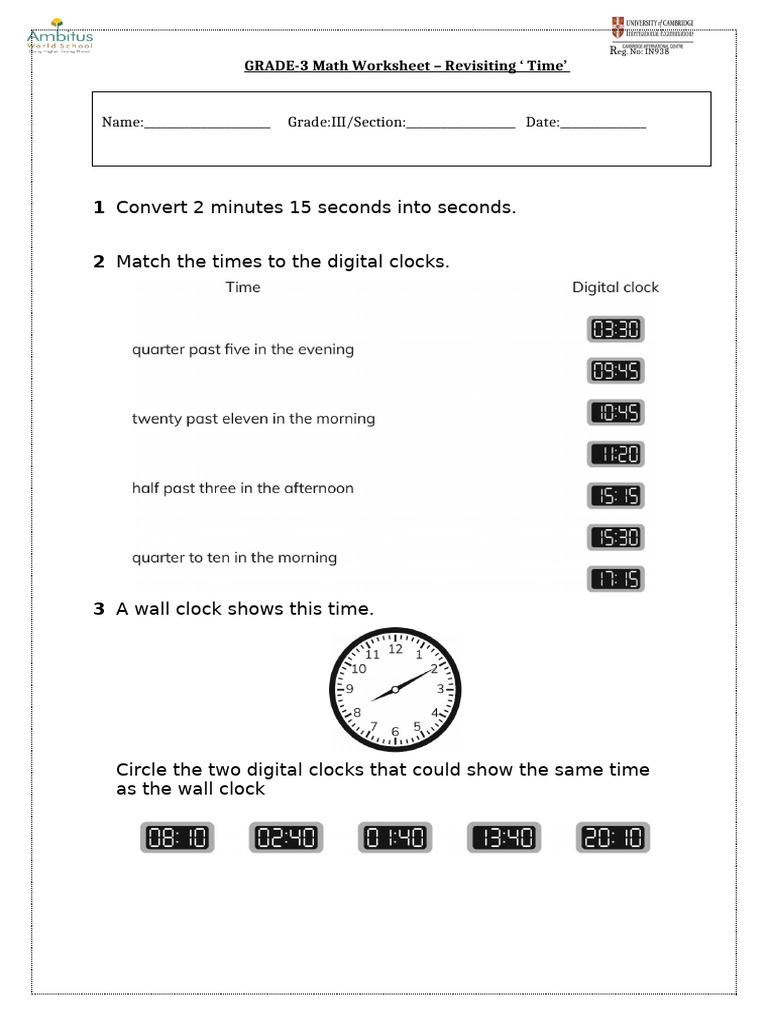 Grade - 3 Worksheet - Revisiting Time | PDF