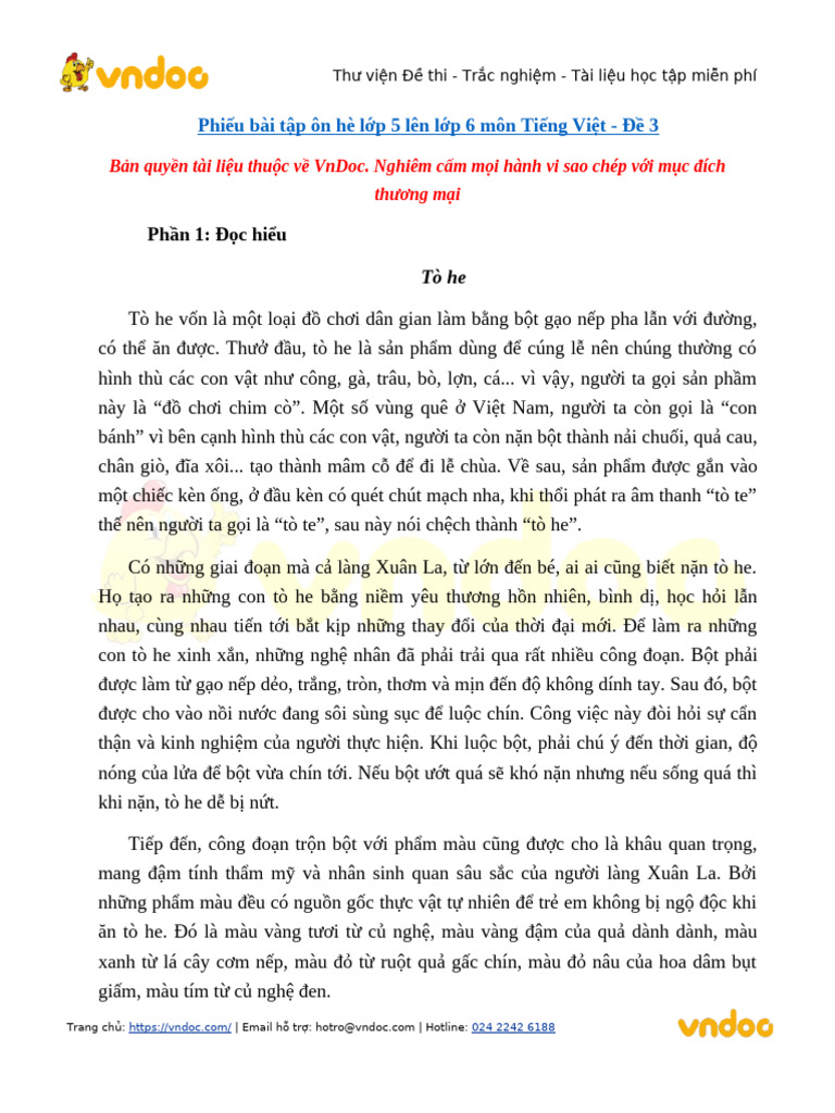 Phieu Bai Tap on He Lop 5 Len Lop 6 Mon Tieng Viet Phieu 3 | PDF