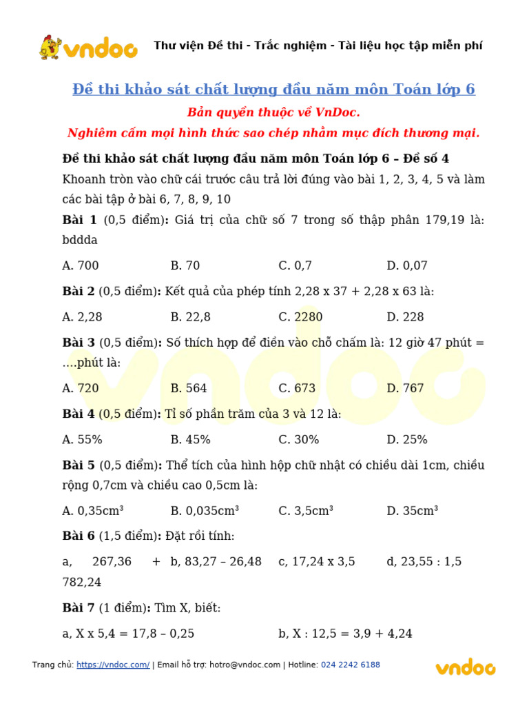 De Khao Sat Chat Luong Dau Nam Mon Toan Lop 6 So 4 | PDF