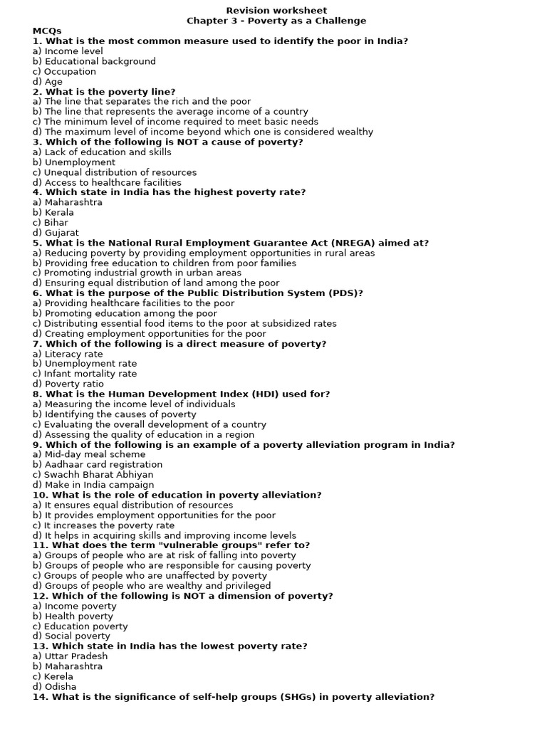 Revision Worksheet Poverty As A Challenge | PDF | Poverty | Poverty ...