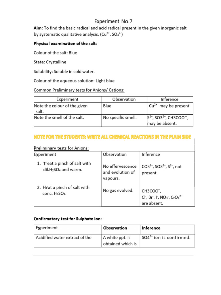 Experiment 7 Salt Analysis CuSO4 | PDF | Salt (Chemistry) | Chemistry
