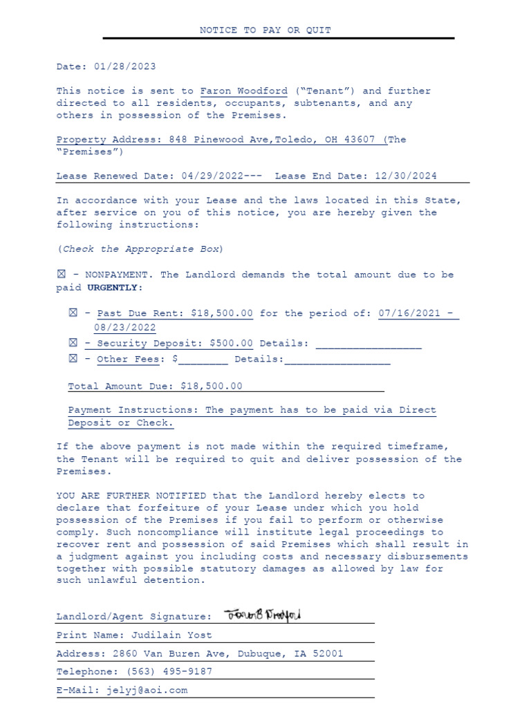Notice to Pay Rent or Quit - Toledo, OH | PDF