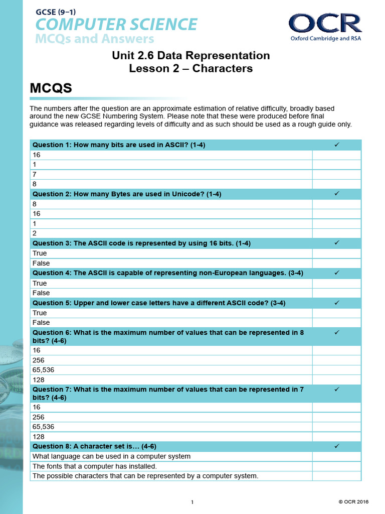 5_data_mcqs_ascii | PDF | Character Encoding | Bit
