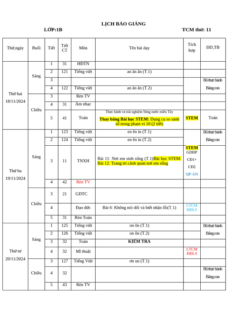 KHBD TUAN 11 LOP 1B | PDF