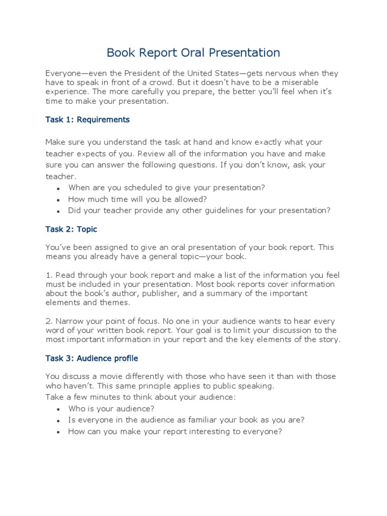 Book Report Oral Presentation | PDF | Audience | Plot (Narrative)