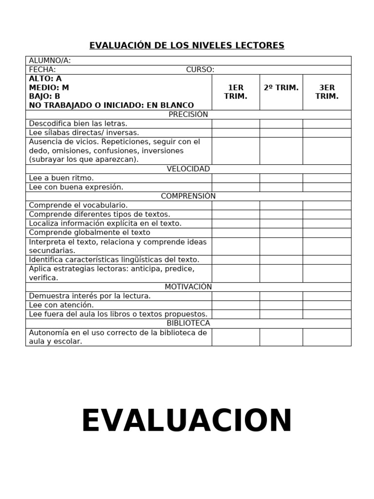 Evaluación de Niveles Lectores Primaria | PDF