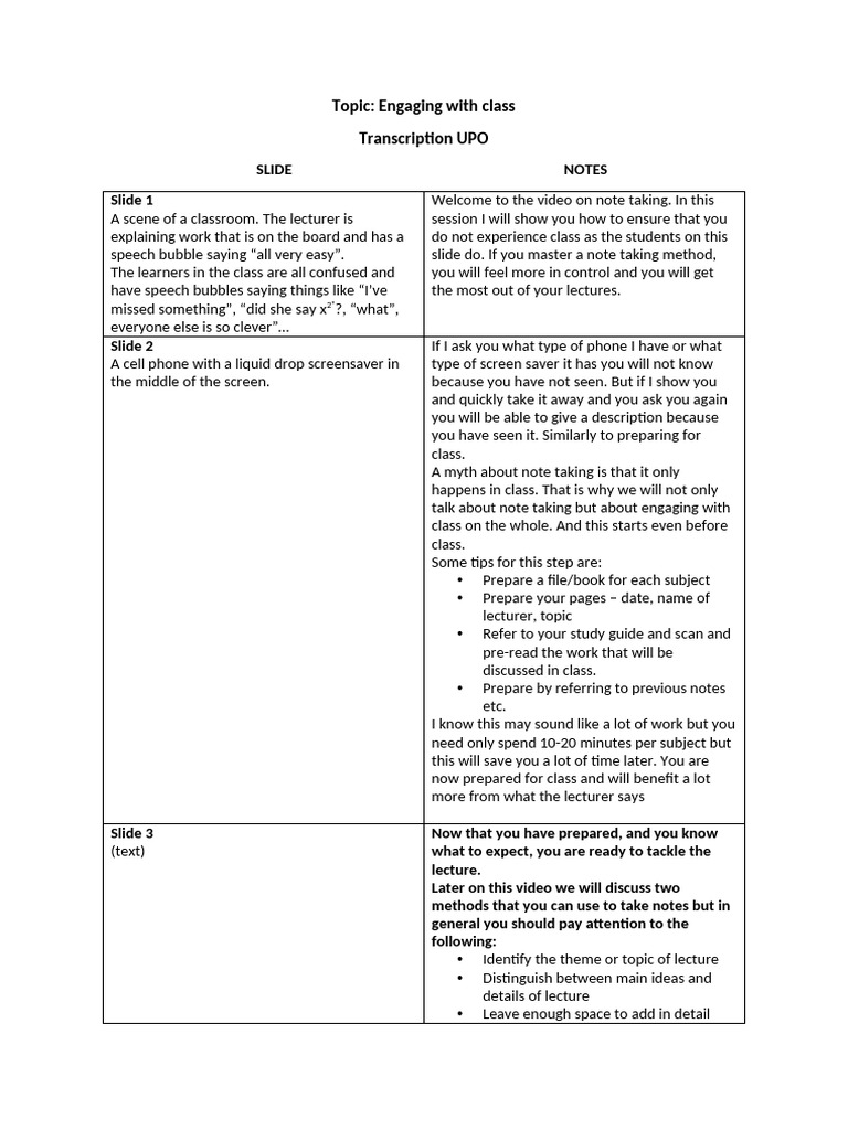 Engaging With Class Transcription | PDF | Lecture