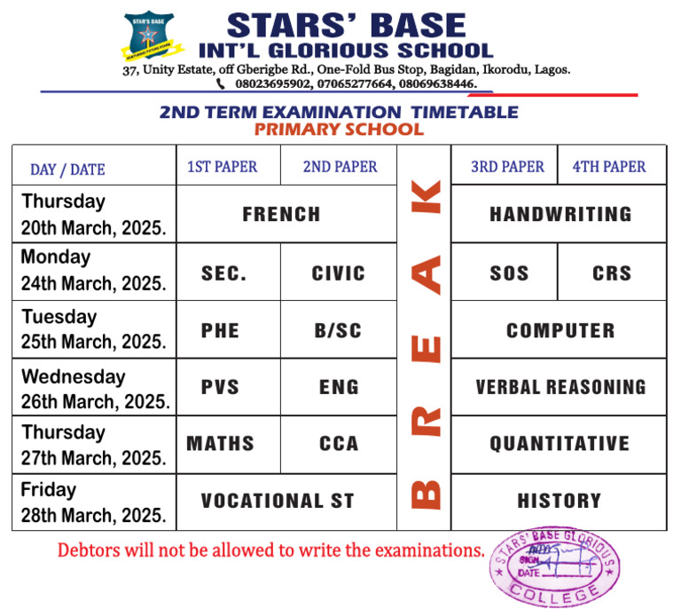Primary School 2nd Term Exam Schedule | PDF