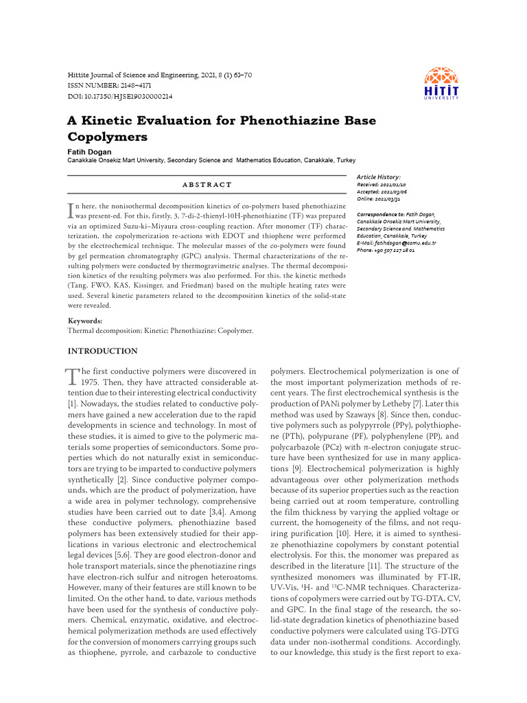 A Kinetic Evaluation For Phenothiazine Based Copol | PDF | Copolymer ...