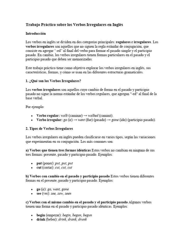Verbos Irregulares en Inglés: Guía Práctica | PDF | Verbo | Conjugación ...