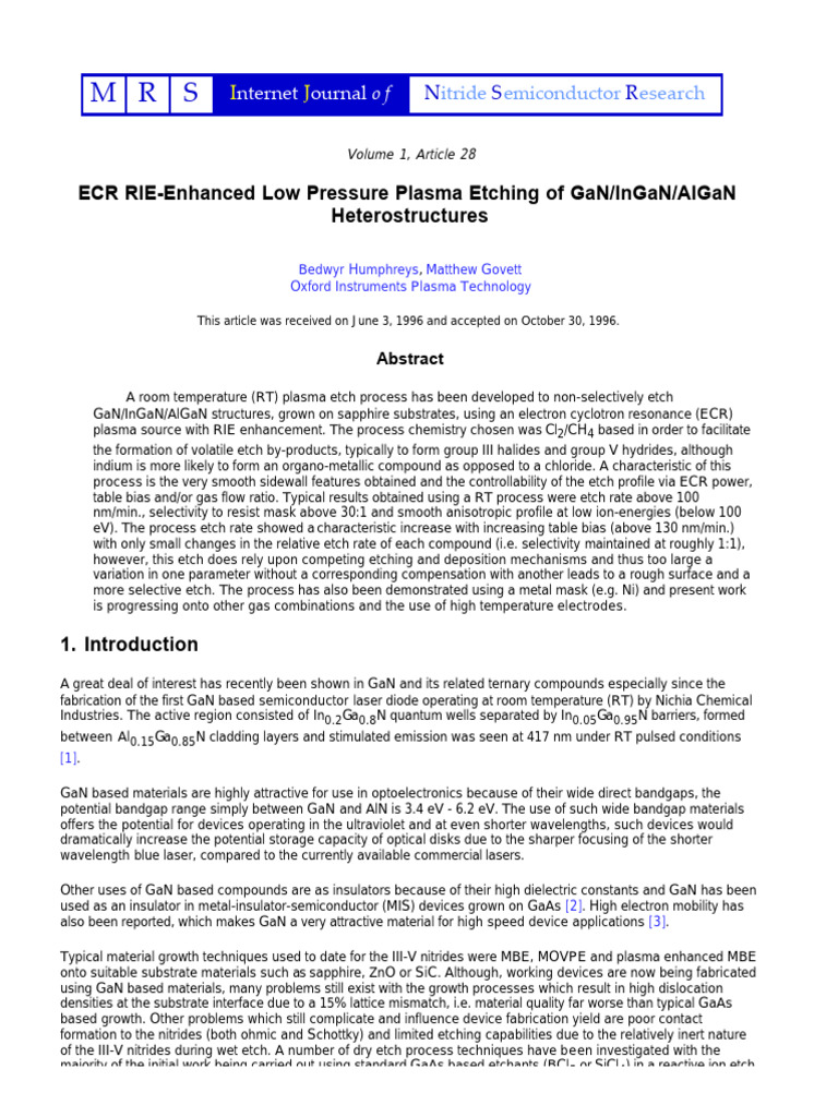 (논문) ECR-RIE Enhanced Low Pressure Plasma Etching of GaN, InGaN, AlGaN Heterostructures | PDF ...