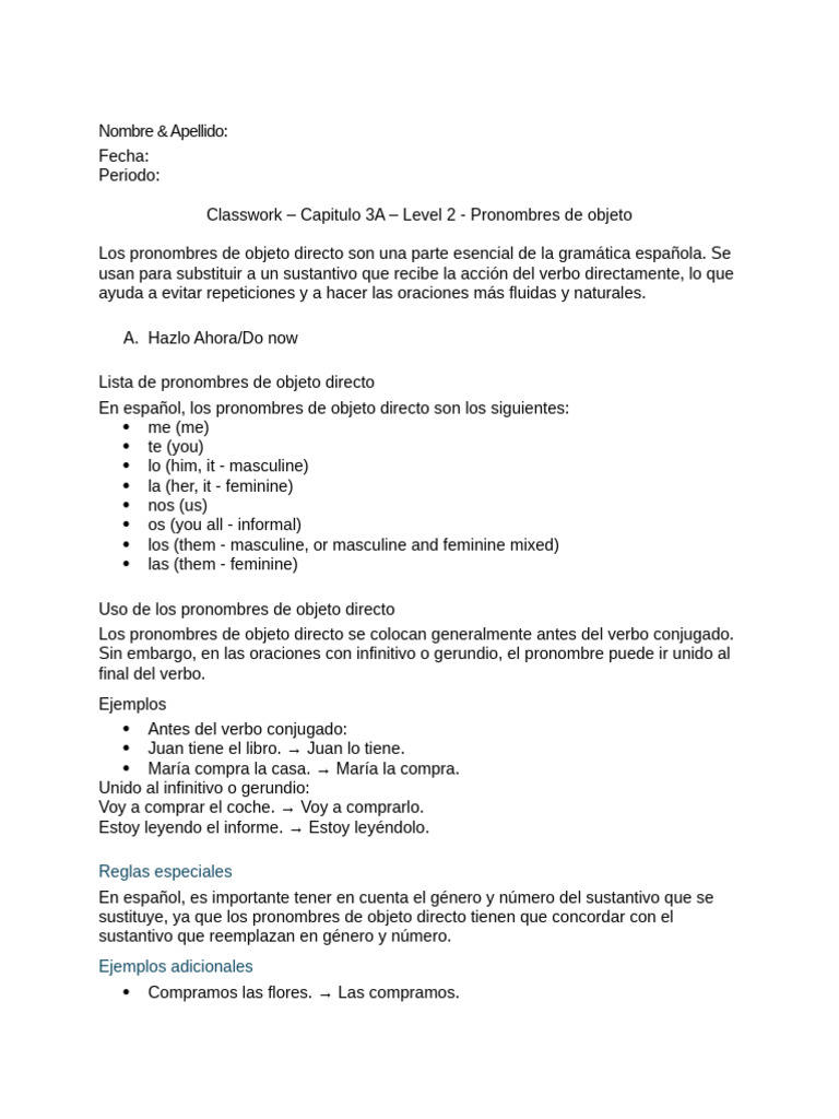 Classwork - Capitulo 3A - Level 2 - Pronombres de Objeto | PDF