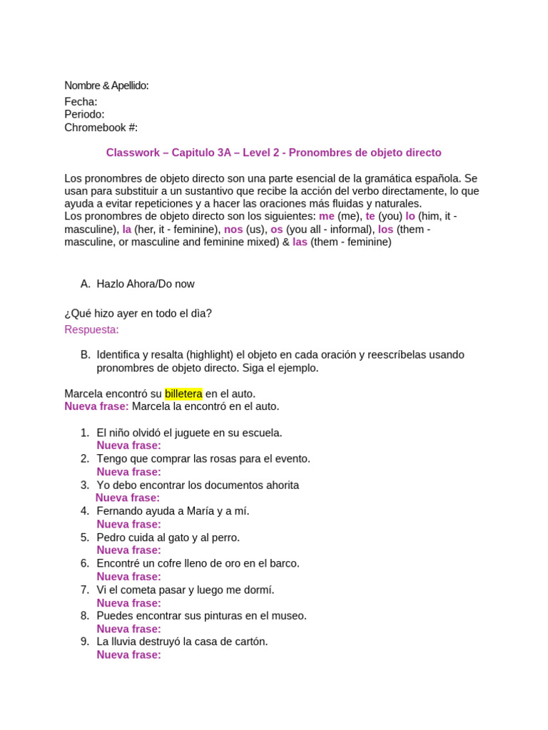 Classwork - Capitulo 3A - Level 2 - Pronombres de Objeto Directo | PDF ...