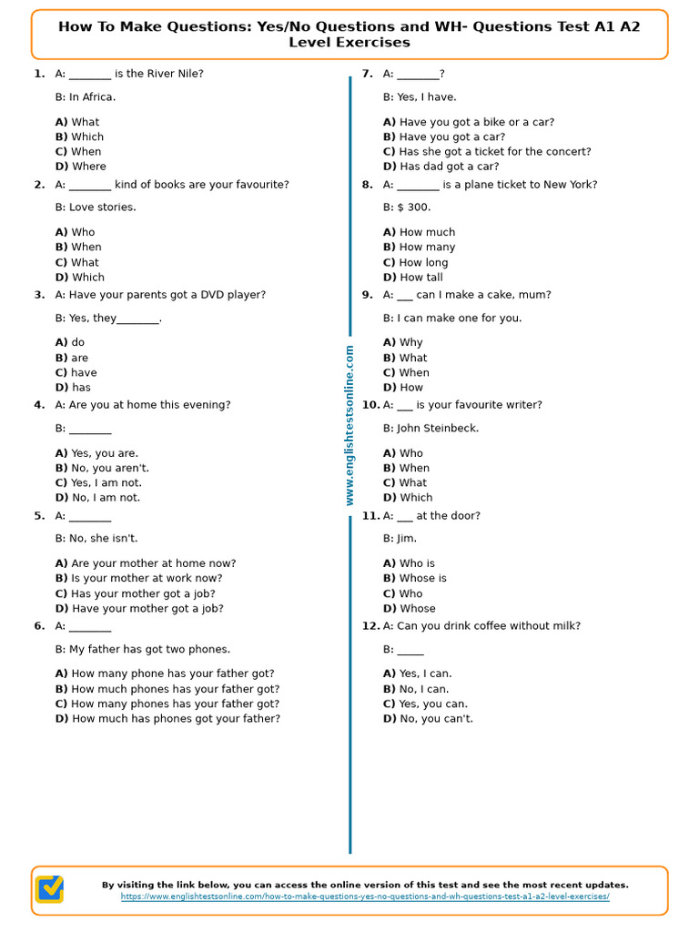 WH- Questions and Yes/No Test A1 A2 | PDF