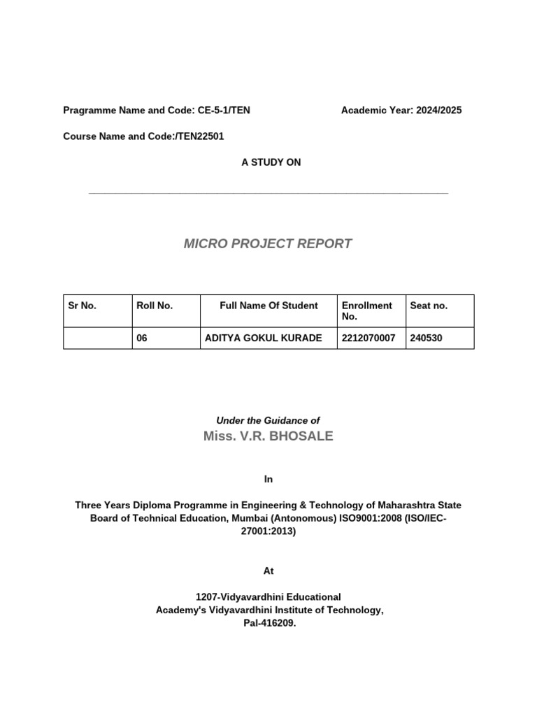 Micro Project Report: Miss. V.R. BHOSALE | PDF