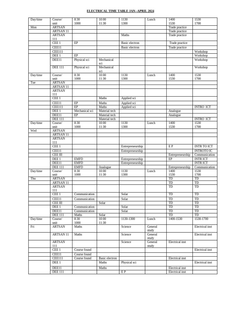 Electrical Time Table Jan-Apr 2024 | PDF | Science | Inquiry
