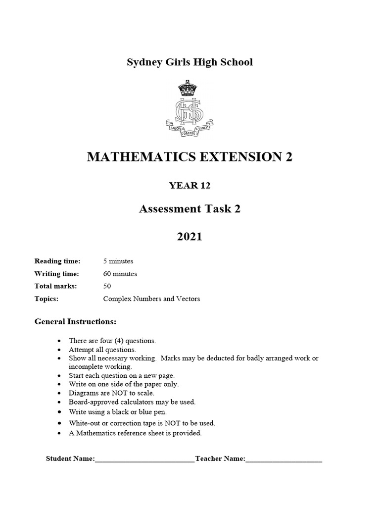 2021 Yr12 Maths Extension 2 Task 2 | PDF | Mathematics | Mathematical ...