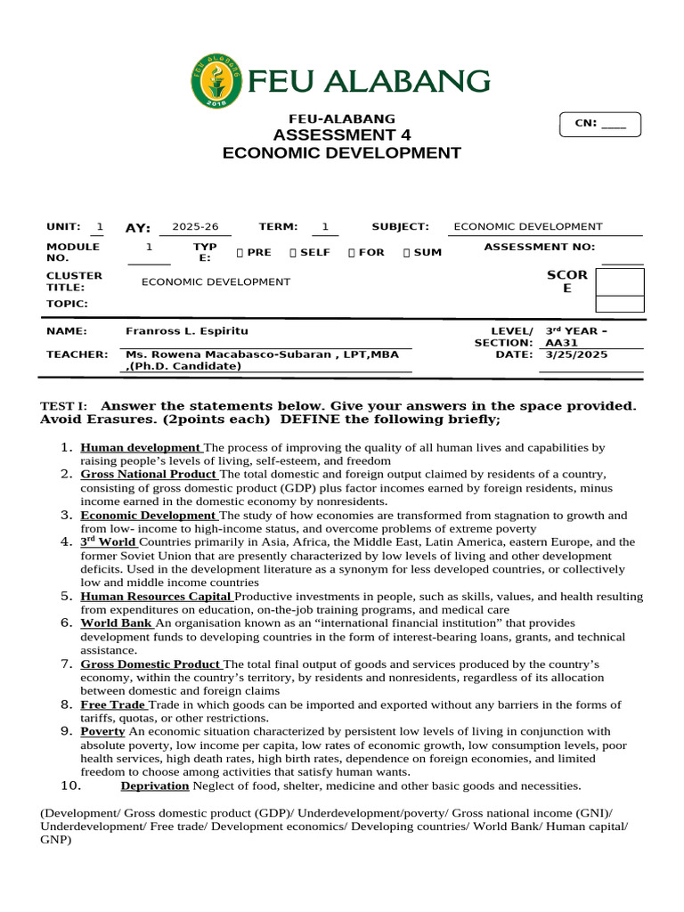 Quiz 4 4-ECONOMIC DEVELOPMENT | PDF | Gross Domestic Product | Poverty