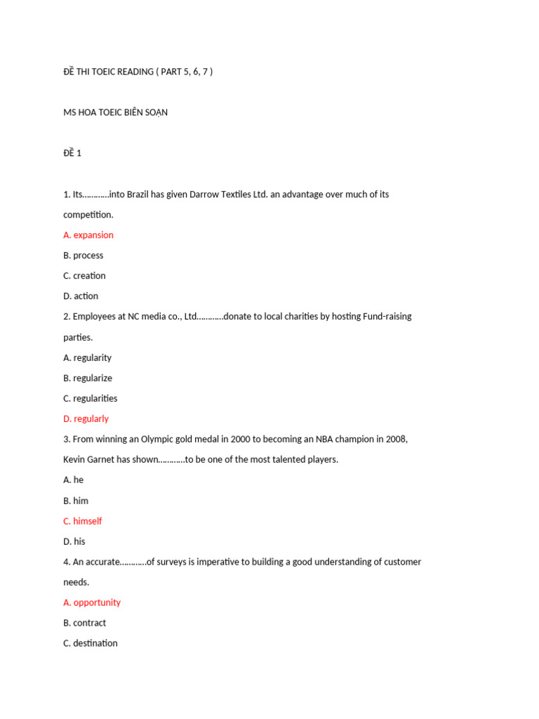 ĐỀ THI TOEIC READING | PDF | Credit Card | Banks