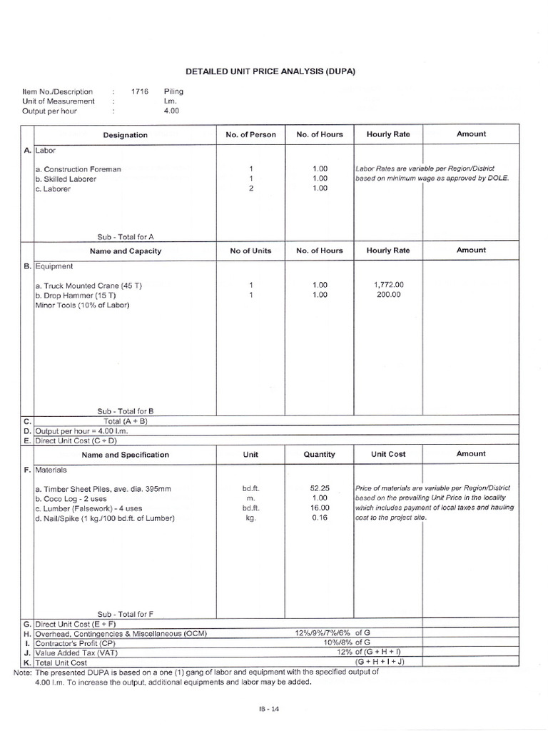 DPWH DUPA for Piling Work Analysis | PDF