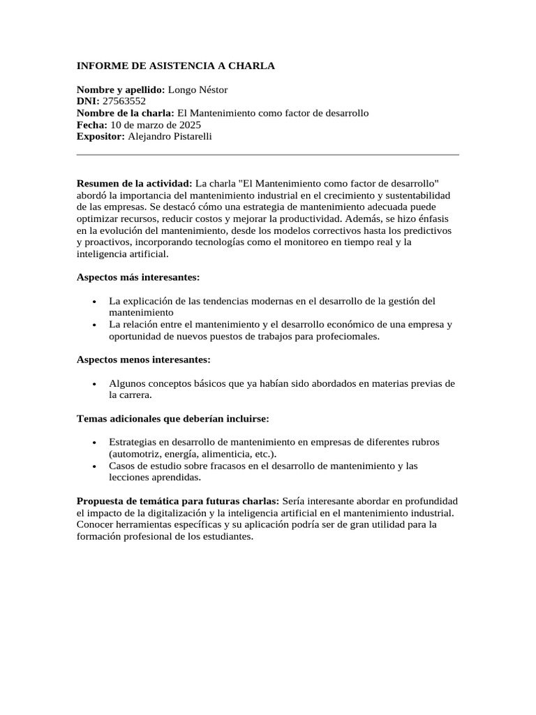 Informe de Asistencia A Charla Desarrollo de Mantenimiento | PDF