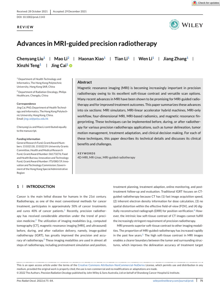 Precision Radiation Oncology - 2022 - Liu - Advances in MRI‐guided ...