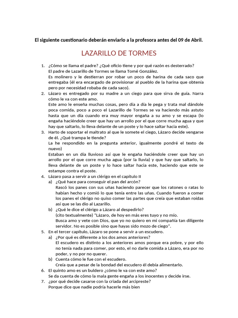 El Lazarillo de Tormes. Cuestionario Resuelto | PDF