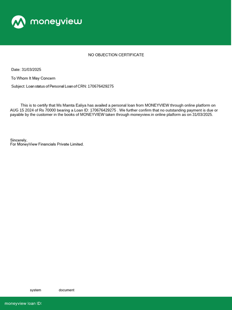 MoneyView NOC Certificate for Loan | PDF