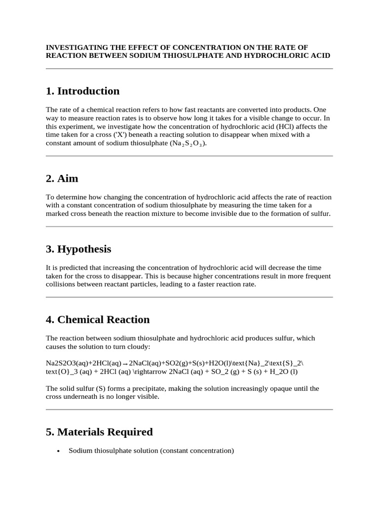 INVESTIGATING THE EFFECT OF CONCENTRATION ON THE RATE OF REACTION BETWEEN SODIUM THIOSULPHATE ...