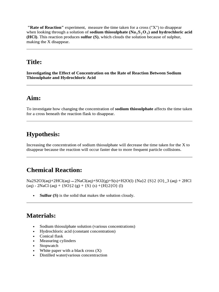 Sodium Thiosulphate Reaction Rate Experiment | PDF | Chemical Reactions ...