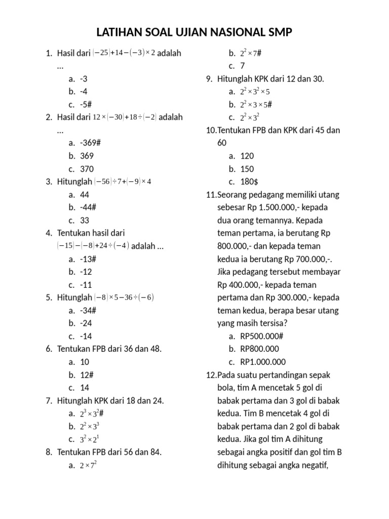 Latihan Soal Un Bilangan Bulat | PDF