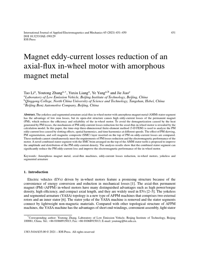 Magnet Eddy-Current Losses Reduction of An Axial-Flux In-Wheel Motor ...