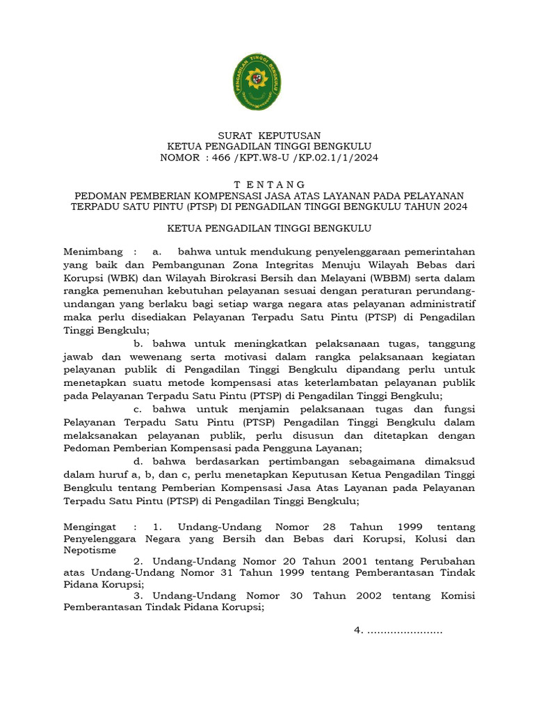 SK Pedoman Penerapan Kompensasi Layanan PTSP 2024 | PDF