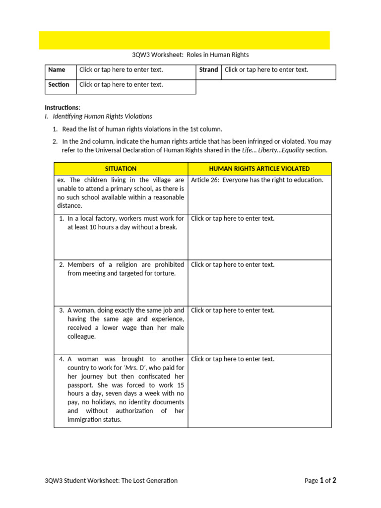 G113QW3 Worksheet - Roles in Human Rights | PDF | Government | Universalism