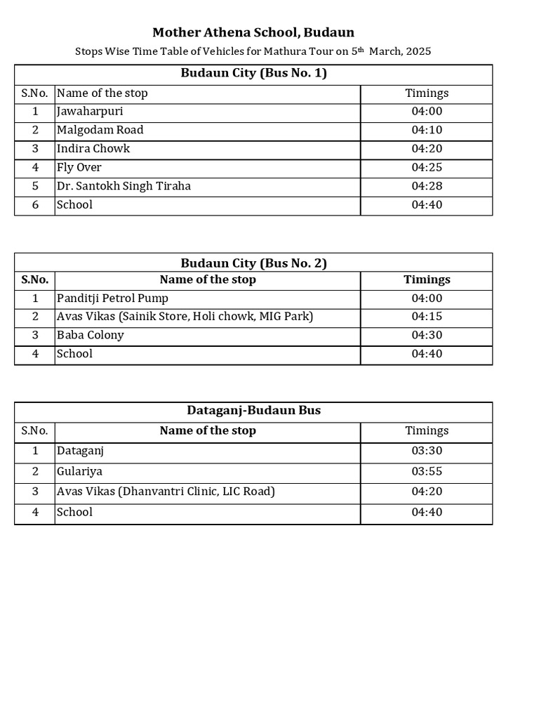 Mathura Tour Bus Timetable for Budaun | PDF