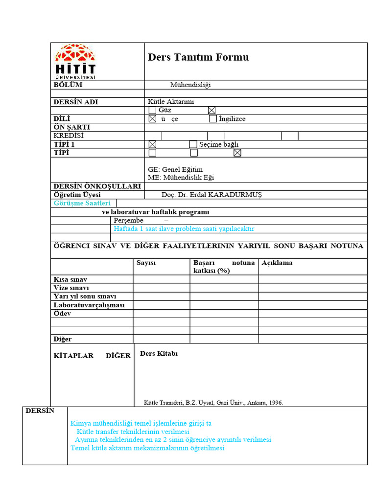 Ders Tanıtım Formu: Görüşme Saatleri | PDF